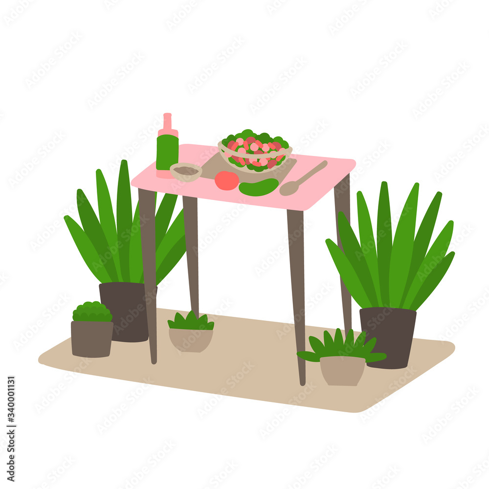 Modern table with food on kitchen. Daily life and routine at home. Cozy ...