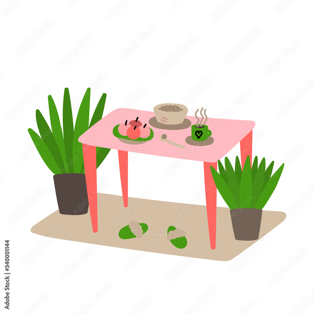 Modern table with food on kitchen. Daily life and routine at home. Cozy ...