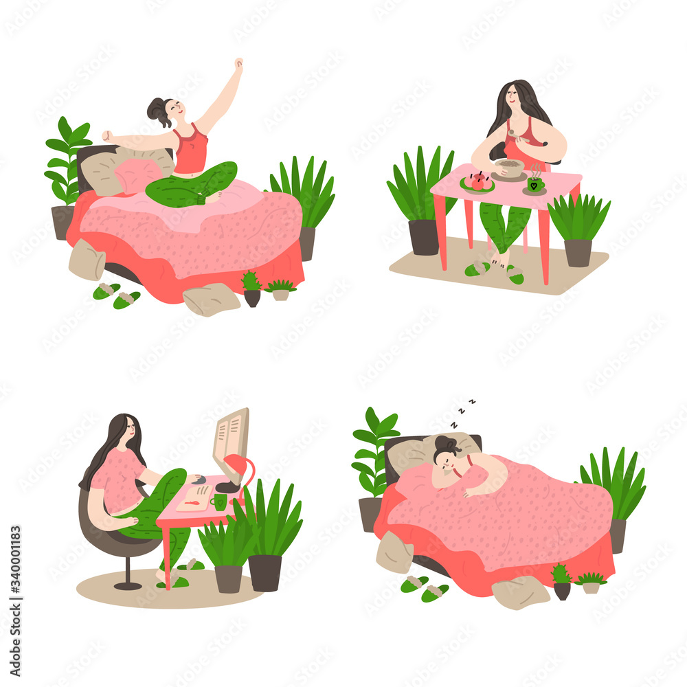 Daily life and routine by young woman at home. Girl wake up, eating ...