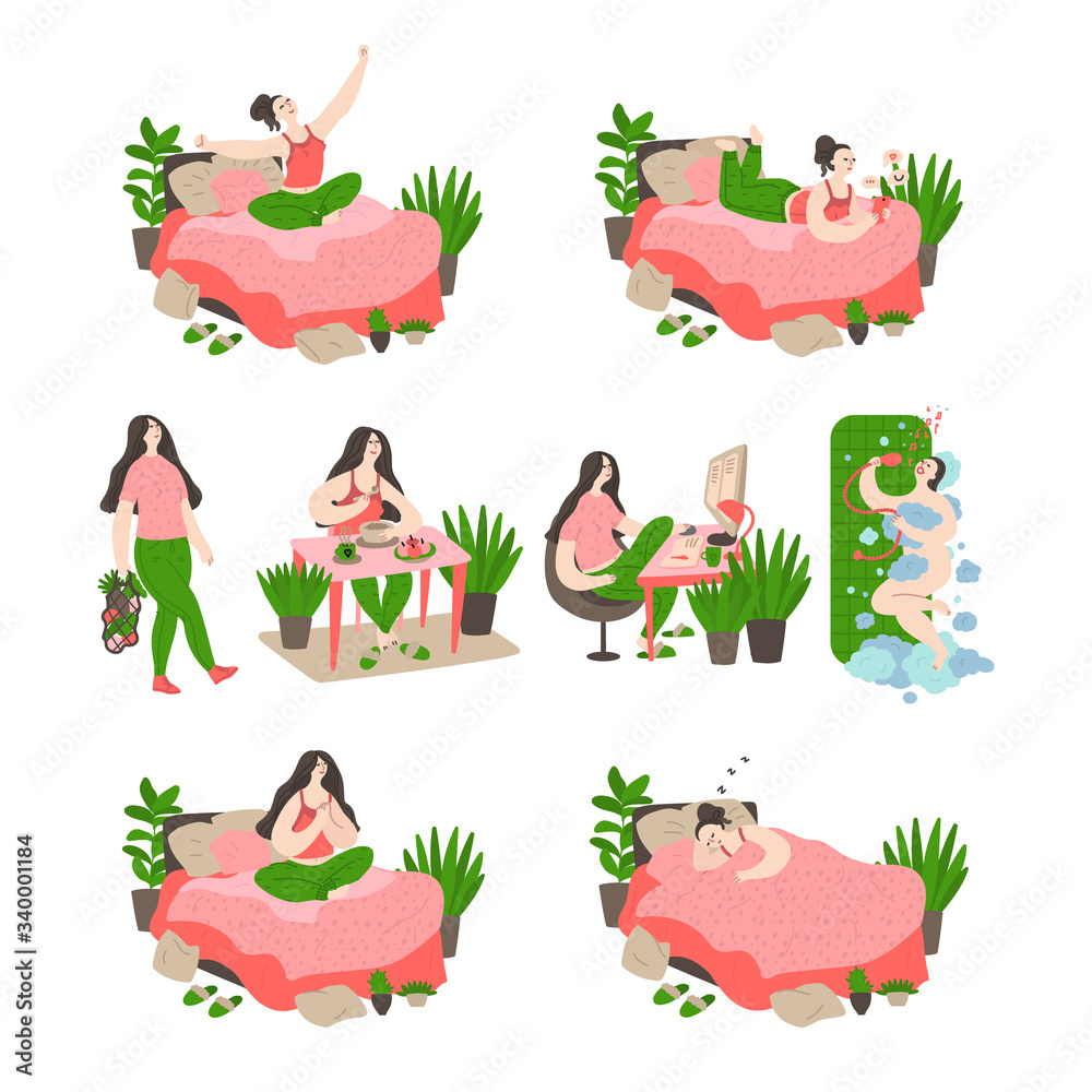 Daily life and routine by young woman at home. Girl wake up, eating ...