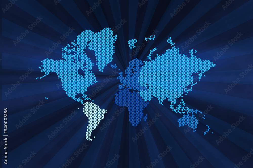 Blue World map composed of hexagonal dots on blue background with ...