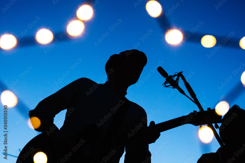 Detail of shape of man singing on a night live concert. Acoustic music ...