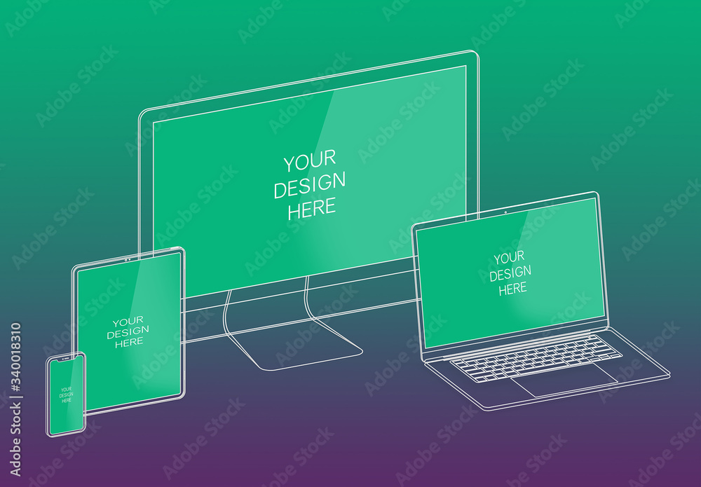 Isometric Wireframe Multi-Device Mockup with Editable Background Stock ...