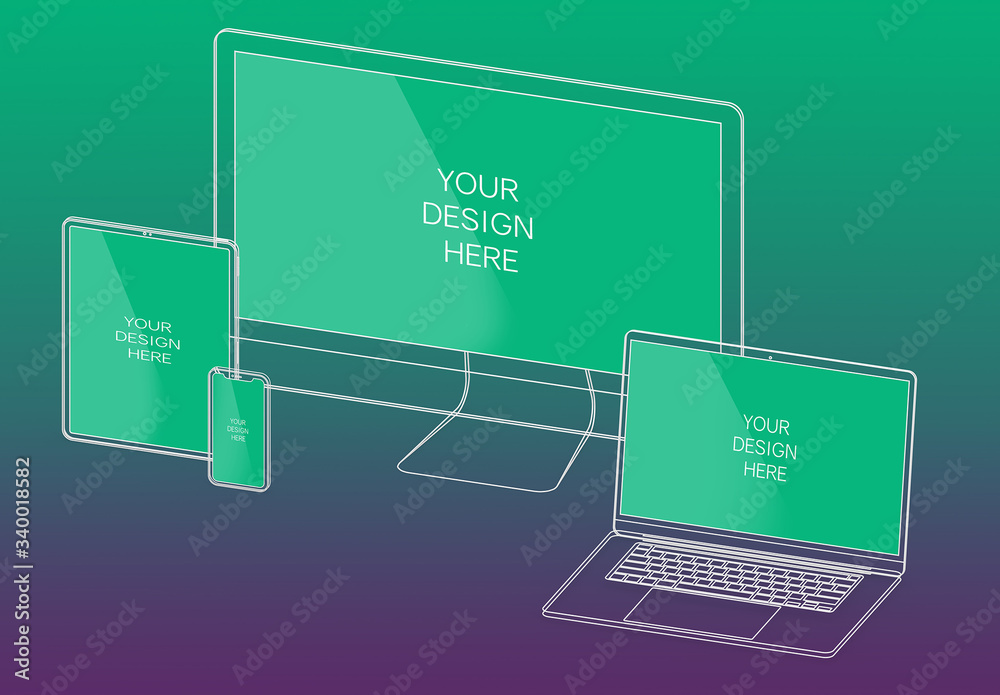 Isometric Wireframe Multi-Device Mockup with Editable Background Stock ...