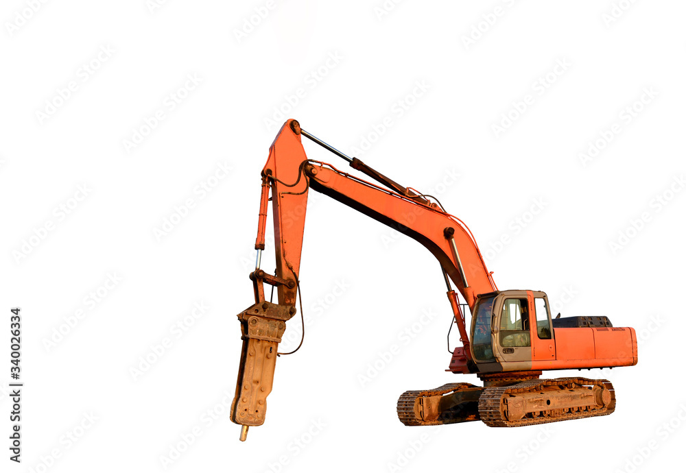 Excavator with hydraulic hammer isolated on white background. Isolation ...