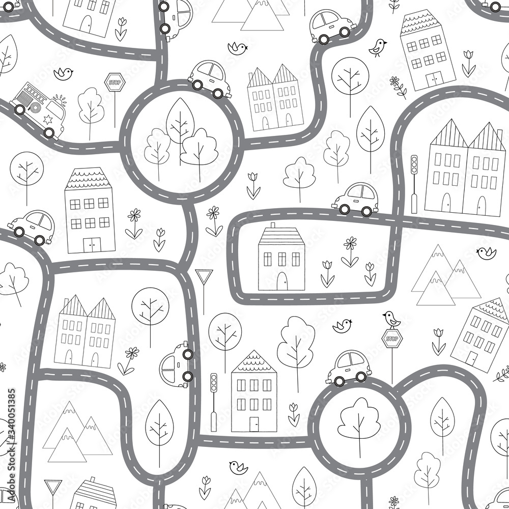 Black and white vector pattern with a city map Stock Vector | Adobe Stock