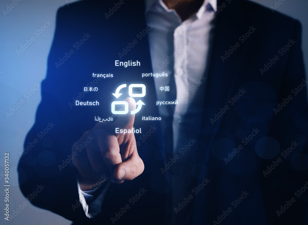 Hand tapping on translate button. Symbol of translation and top ten ...