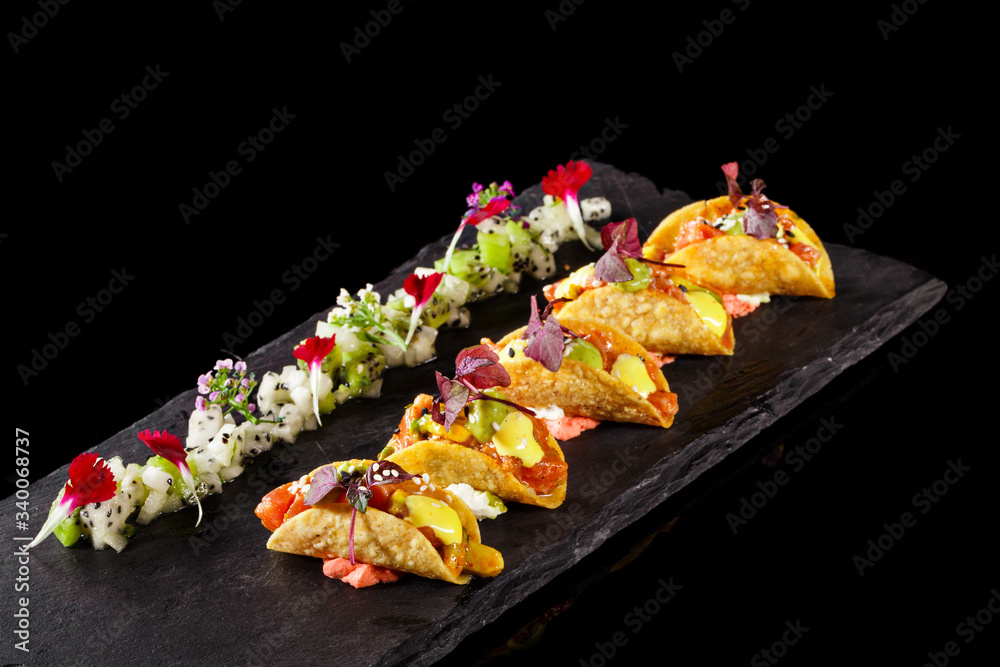 Variety flavors of mini tacos with dragon fruits on the side. Best food ...