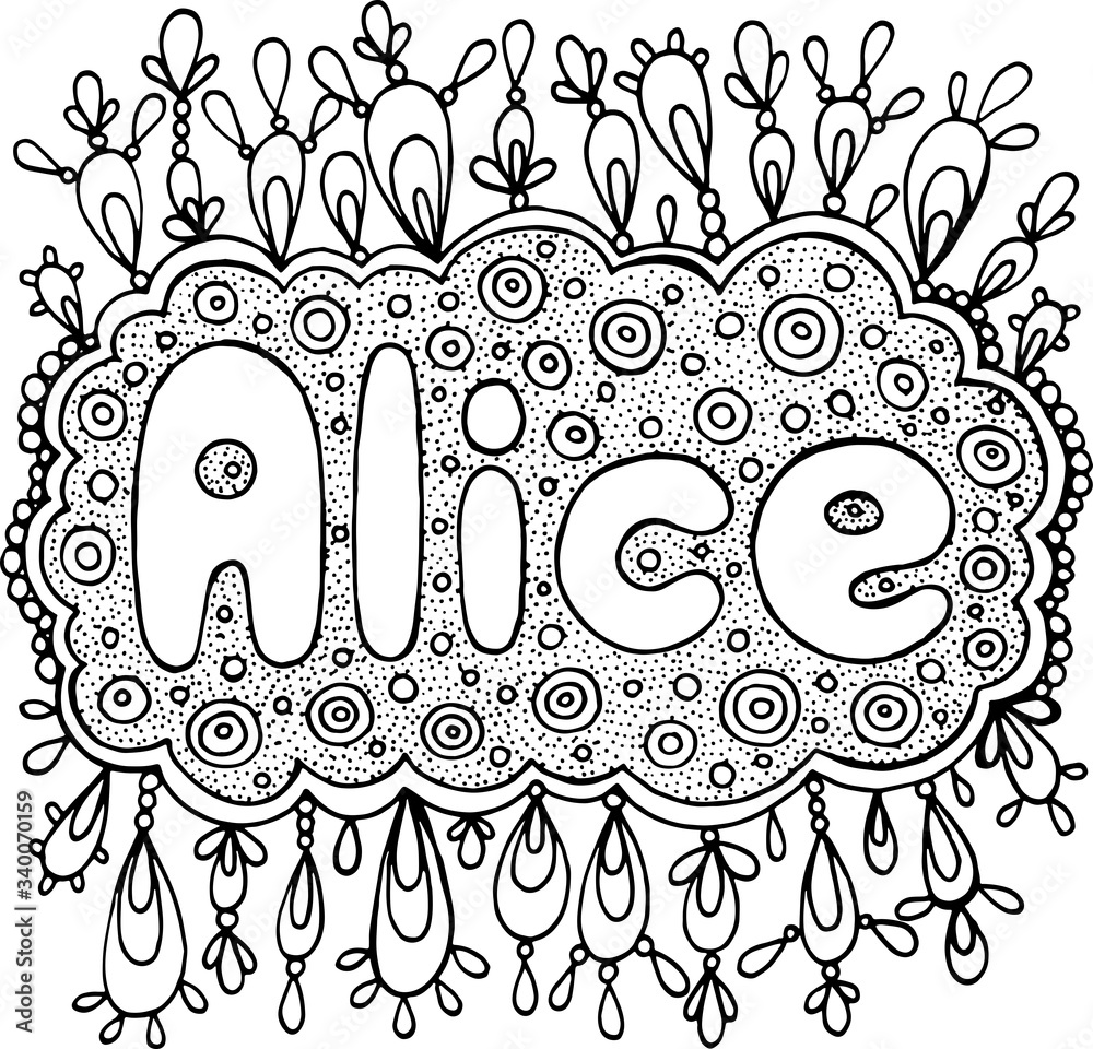 Coloring page for adults with girl s name Alice. Greeting card design ...