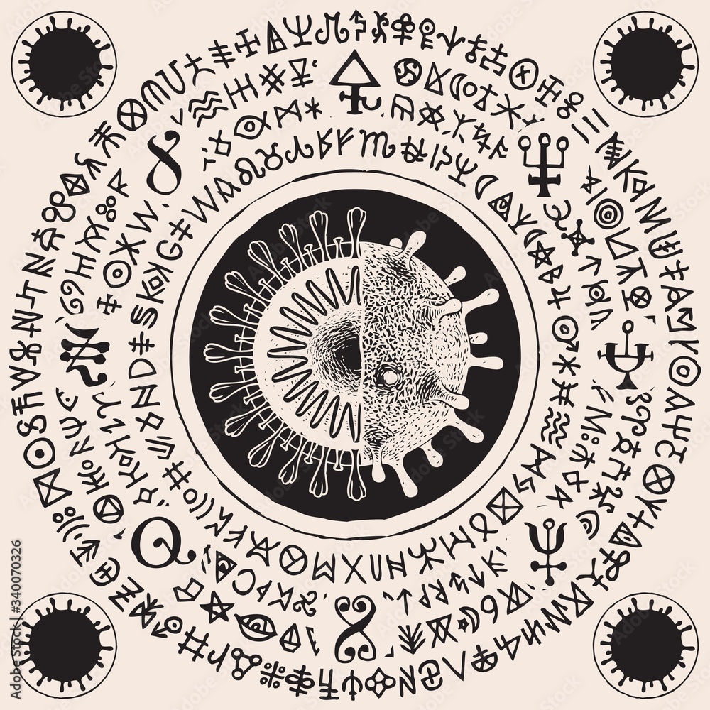 Vector banner with cell of coronavirus in cross-section and magic runes ...