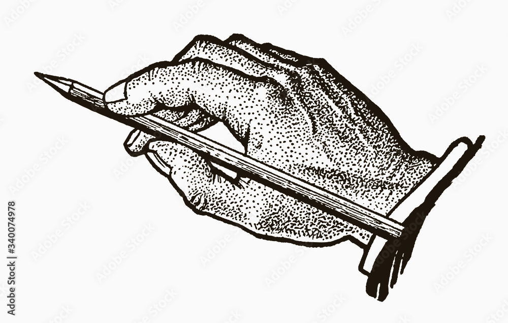 Right human male hand holding a pencil between thumb and index finger ...
