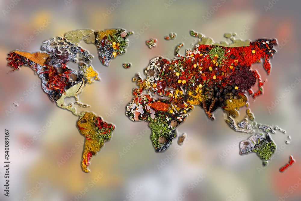 World map of different aromatic spices on white background. Creative ...