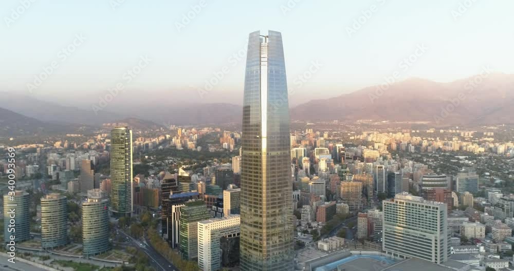 Aerial view of the highest skyscraper in Santiago de Chile during ...