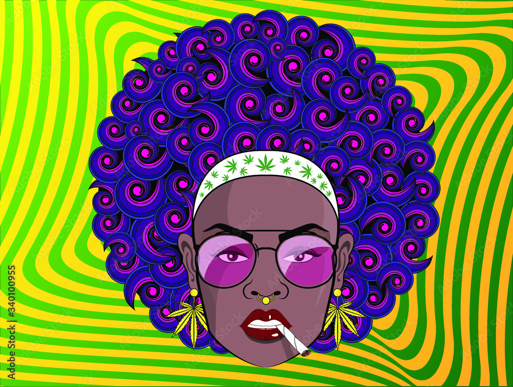 Funky black woman style with psychedelic afro hair, glasses, gold ...