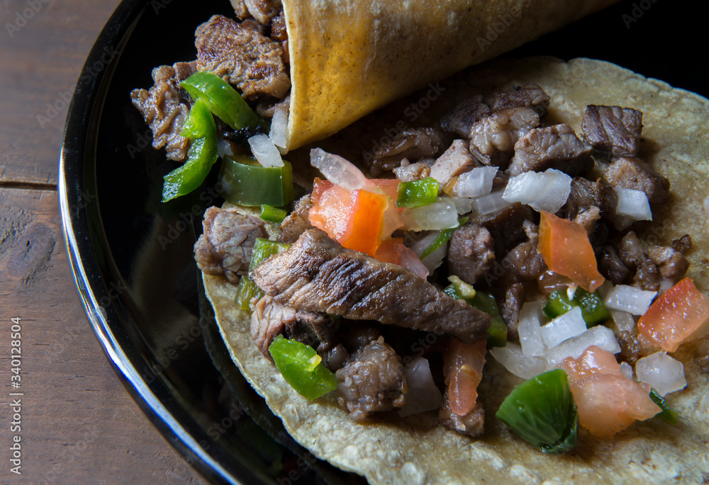 Mexican carne asada tacos or grilled beef tacos with salsa Bandera or ...
