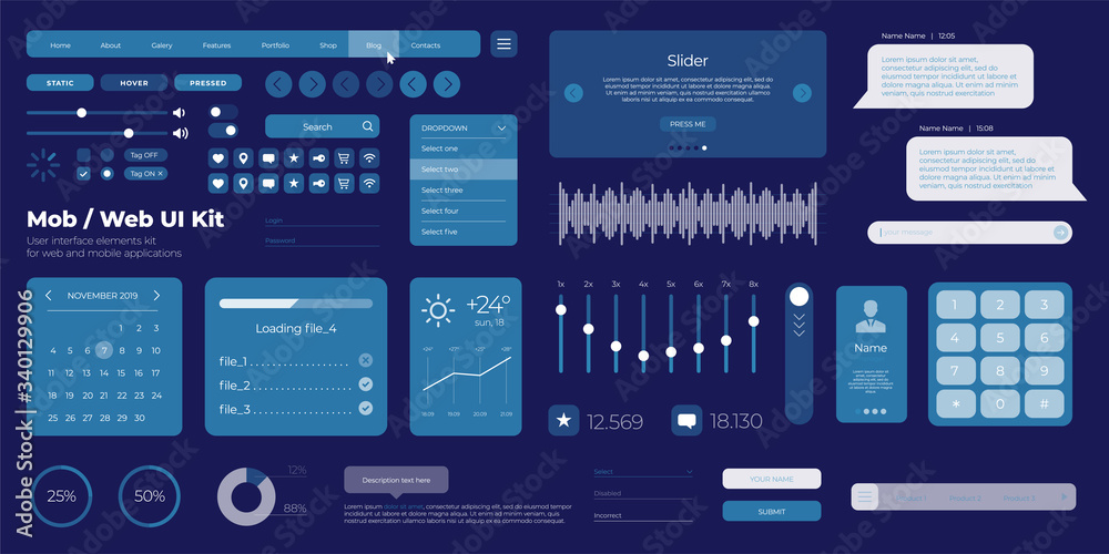 Blue vector UI kit for mobile applications and web sites. Universal ...