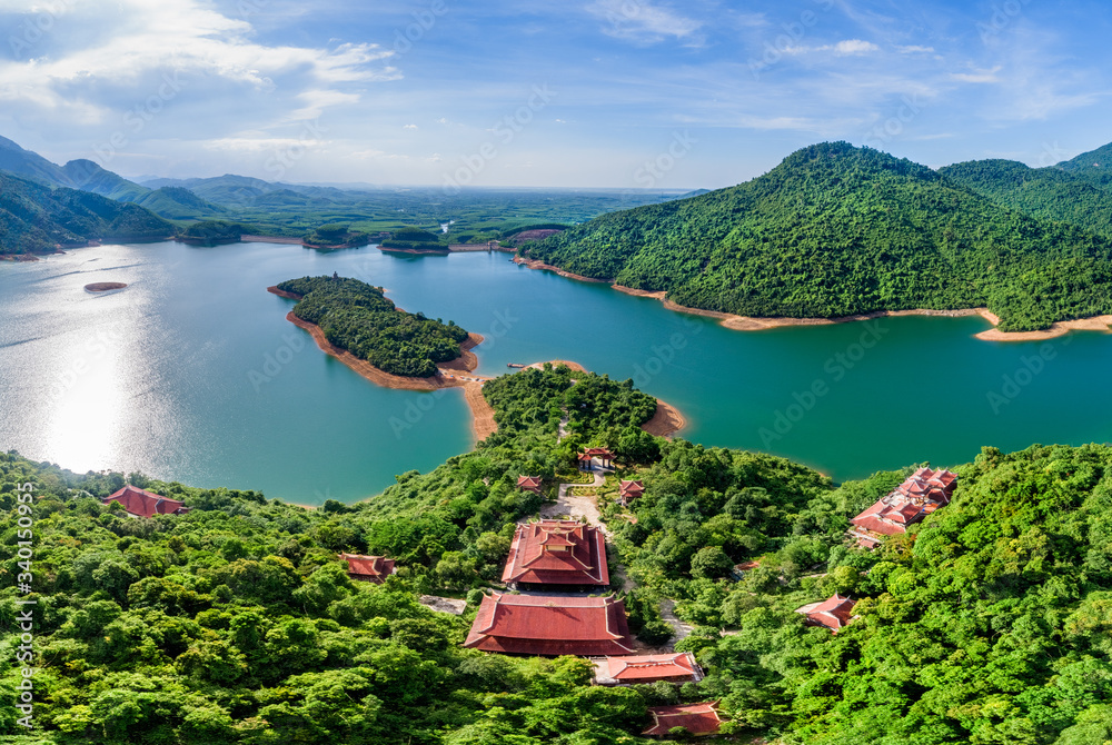 Aerial view of Truc Lam Bach Ma monastery in Truoi lake, Bach Ma ...