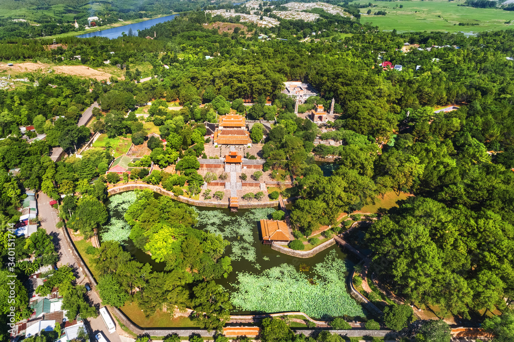 Aerial view of Vietnam ancient Tu Duc royal tomb and Gardens Of Tu Duc Emperor near Hue, Vietnam ...