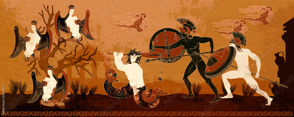 Ancient Greece. Black figure pottery style. Hero Hercules, harpy ...