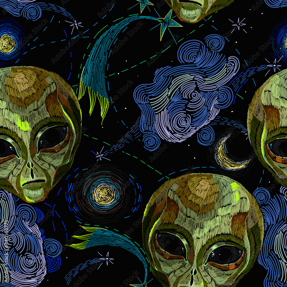 Embroidery. Alien head, meteor, moon and night sky, seamless pattern ...
