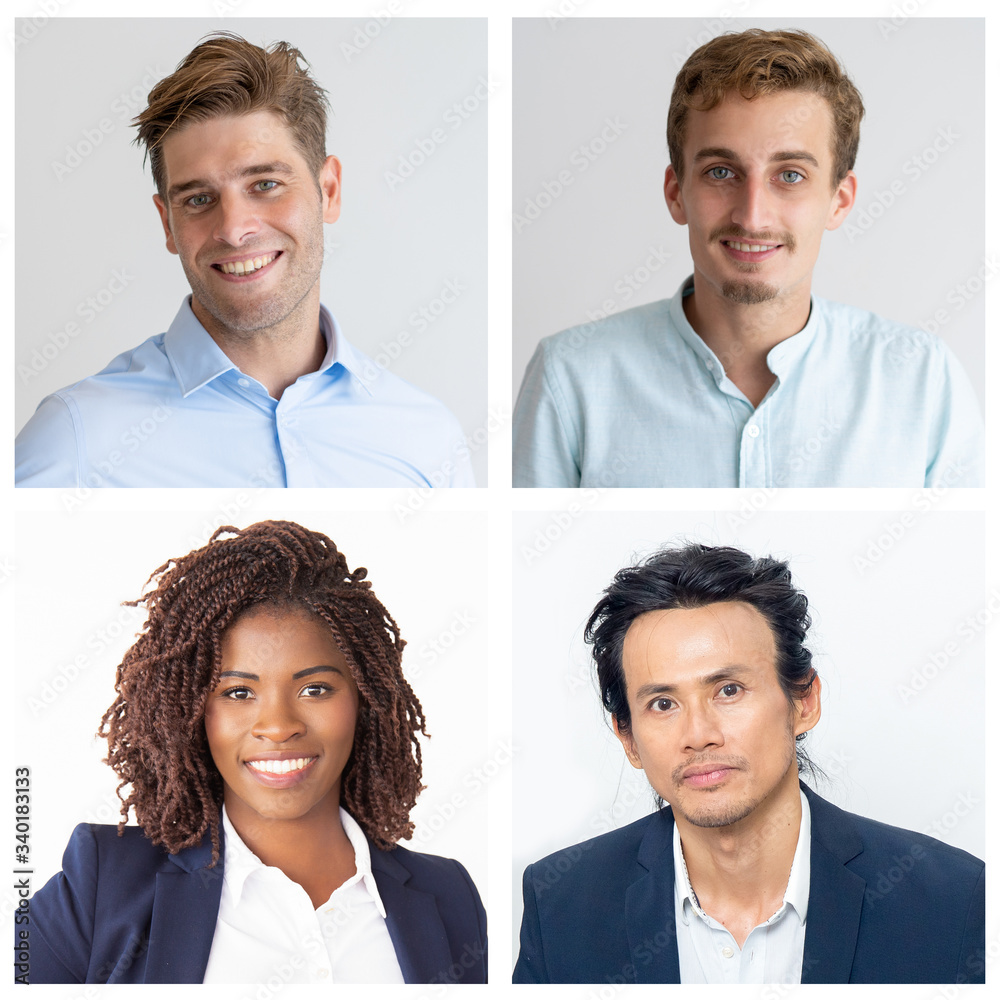 Co-workers dressed in white shirts and blue blazers portrait set. Young ...