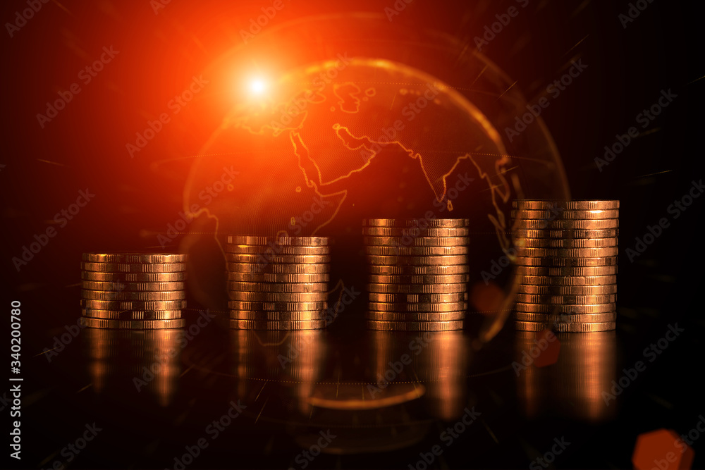 Financial investment and economic concept. Stack of golden coins in bar ...