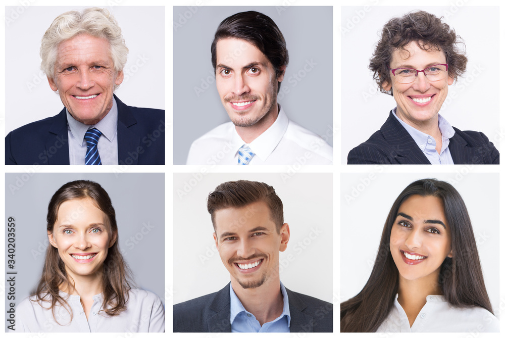 Collage with smiling co-workers of different age, gender and ...