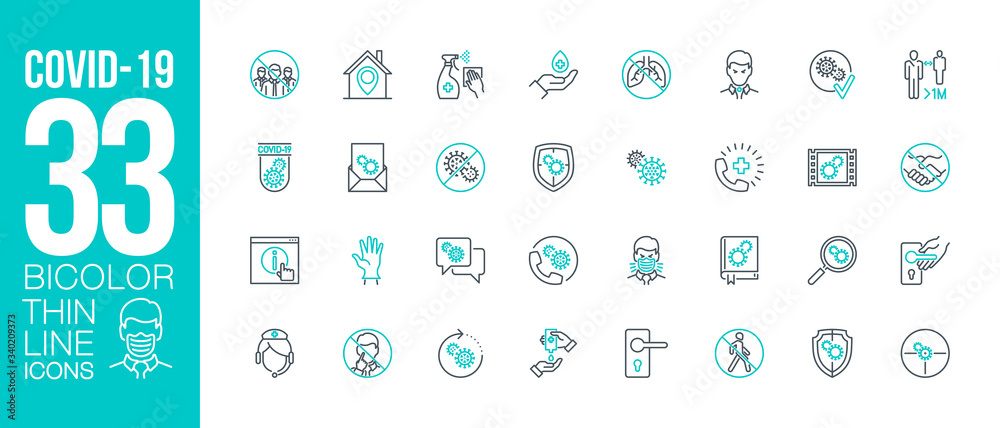 Prevention and symptoms Coronavirus Covid 19 line icons set isolated on ...