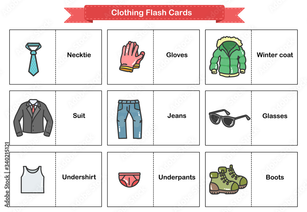 Clothing Flash Cards - Woman and man clothes and accessories collection ...