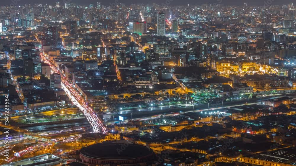 Aerial view of Lima skyline night timelapse from San Cristobal hill ...