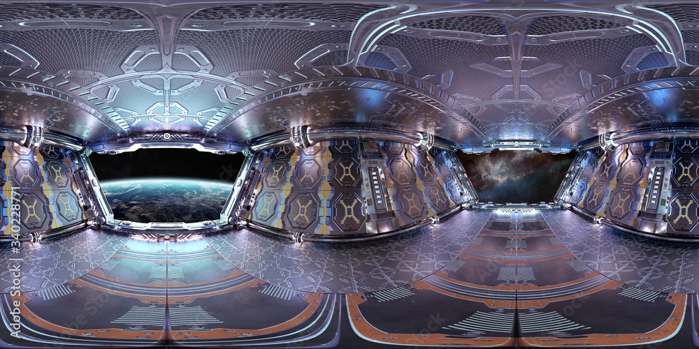 High resolution HDRI panoramic view of a spaceship interior. 360 ...