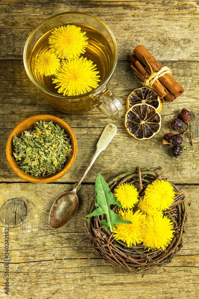 Herbal tea infusion of fresh dandelion leaf, with yellow blossoms ...