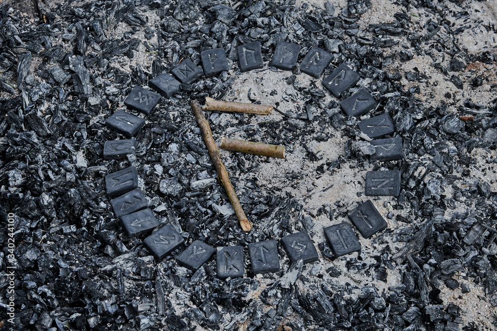 Norse rune Ansuz on ashes backgorund inside the circle of 24 Norse ...