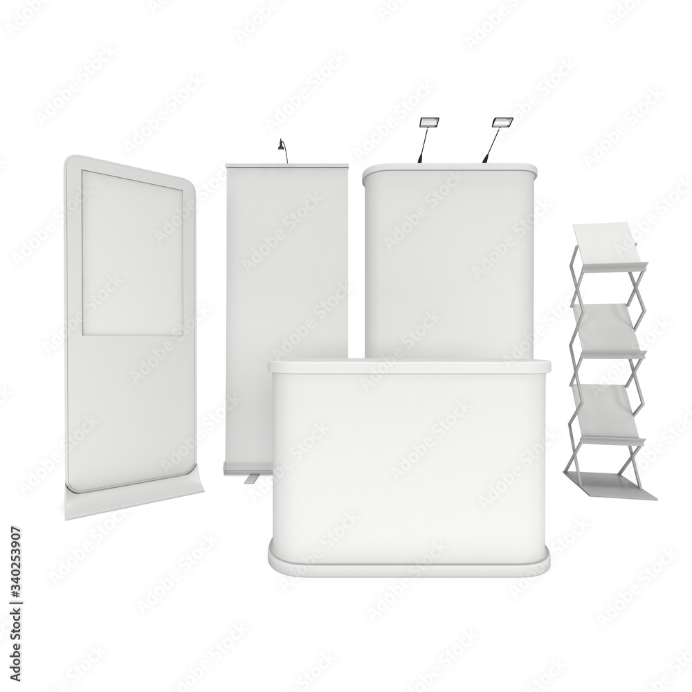 LCD Screen Floor Stand with Roll-Up Pop-Up and reception desk. Blank ...