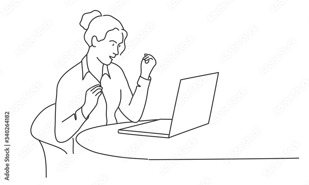 Line drawing vector illustration of woman talking in a video conference ...