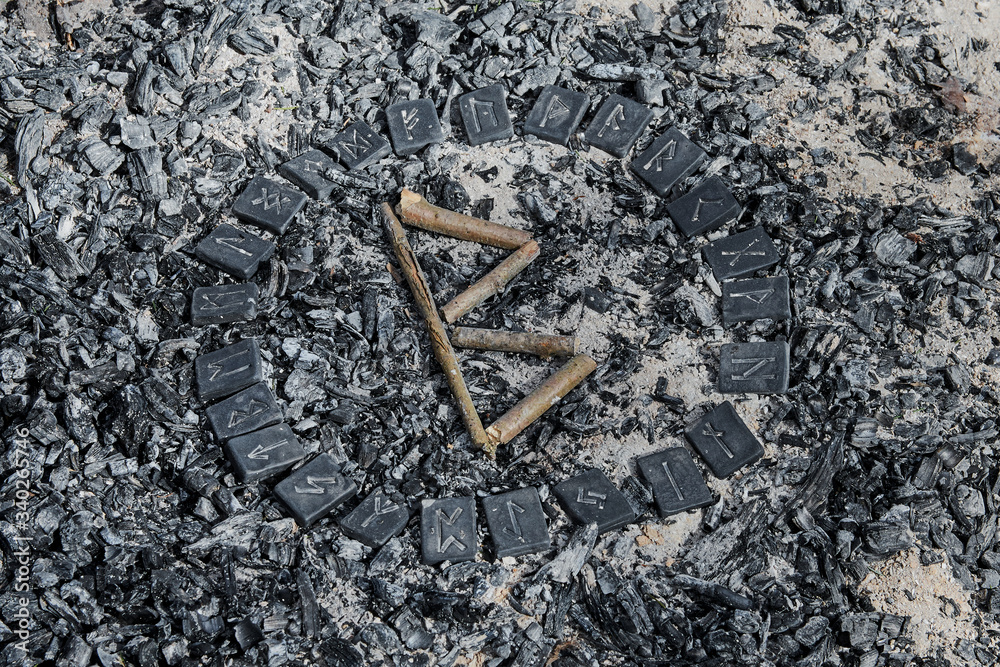 Norse rune Berkana on ashes backgorund inside the circle of 24 Norse ...