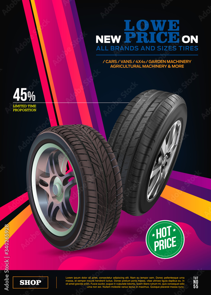 Wheels tyre automotive banner template. Black rubber illustration ...