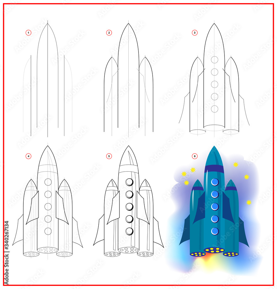 Page shows how to learn to draw step by step toy spaceship. Developing ...
