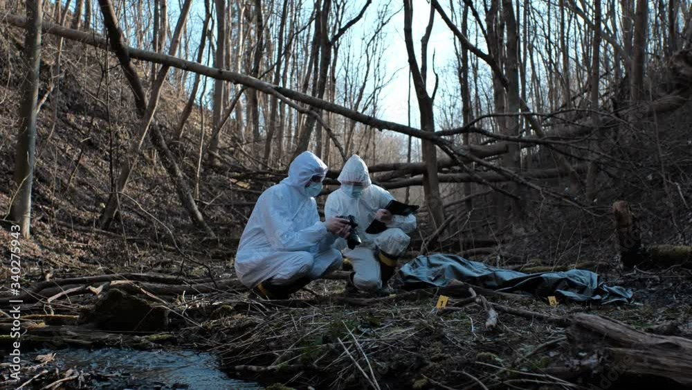 Detectives collecting evidence in a crime scene. Forensic specialists ...