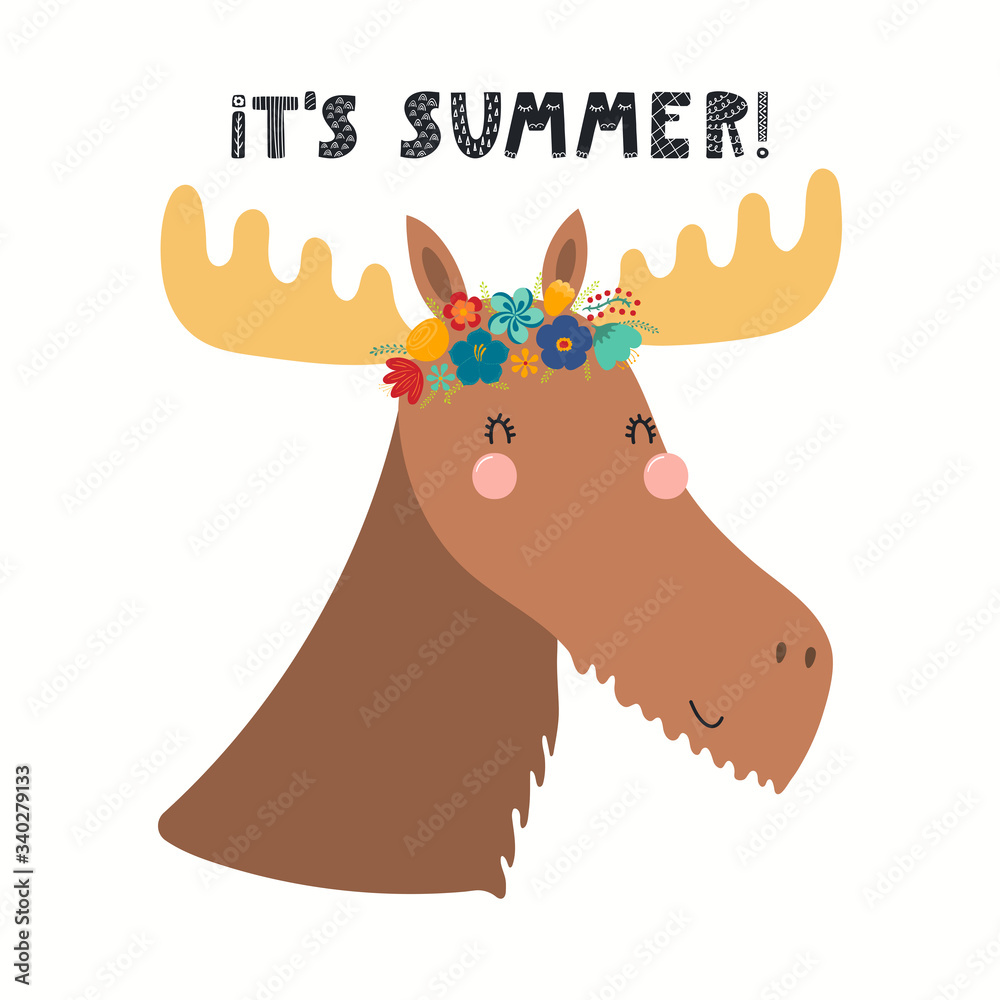 Hand drawn vector illustration of a cute moose face in a flower crown ...