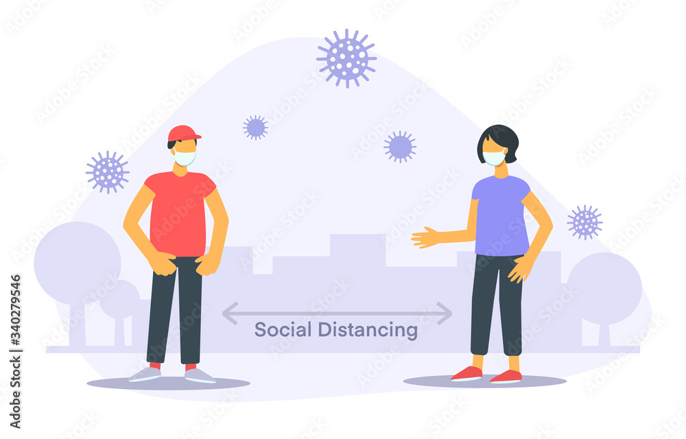 Social distancing sign, keep distance in public society people to ...