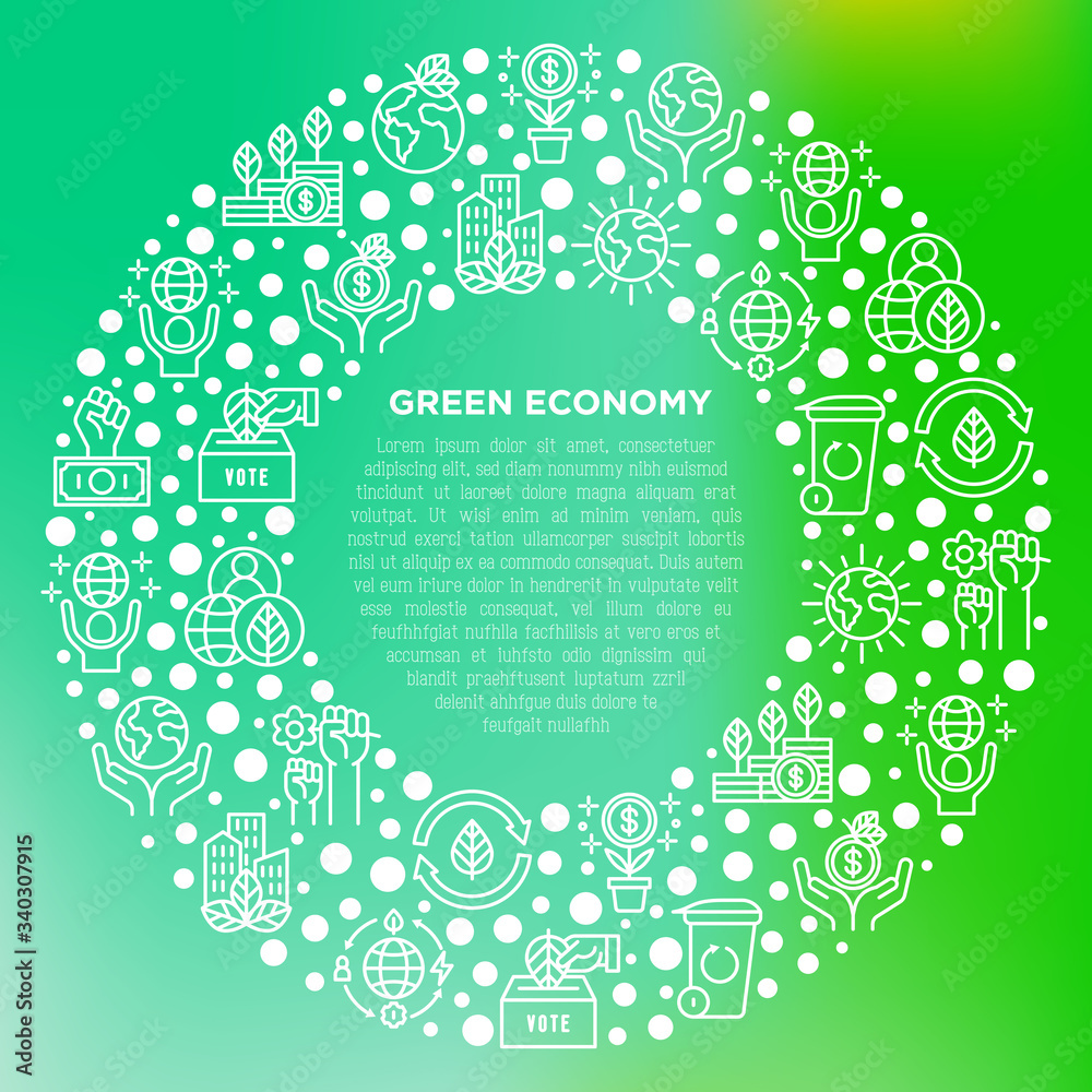 Green economy concept in circle with thin line icons: financial growth ...