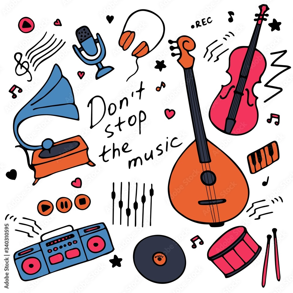 Music instruments icon set for print and digital. Hand drawn graphics ...