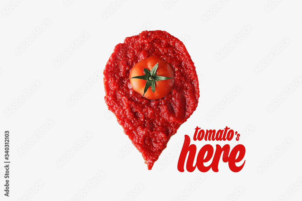 tomato is here, location icon created from tomato sauce Stock Photo ...