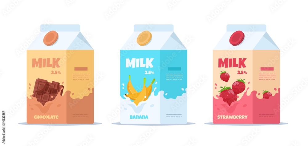 Vector illustration strawberry chocolate and banana milk cardboard ...