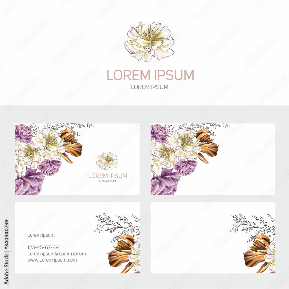 Flowers vcard. identity card. business card. white background. peonies ...