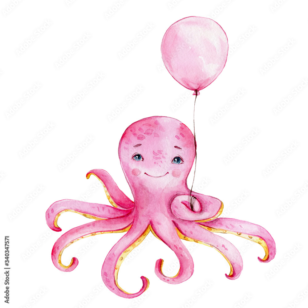 Cute cartoon octopus with pink balloon; can be used for baby shower and ...