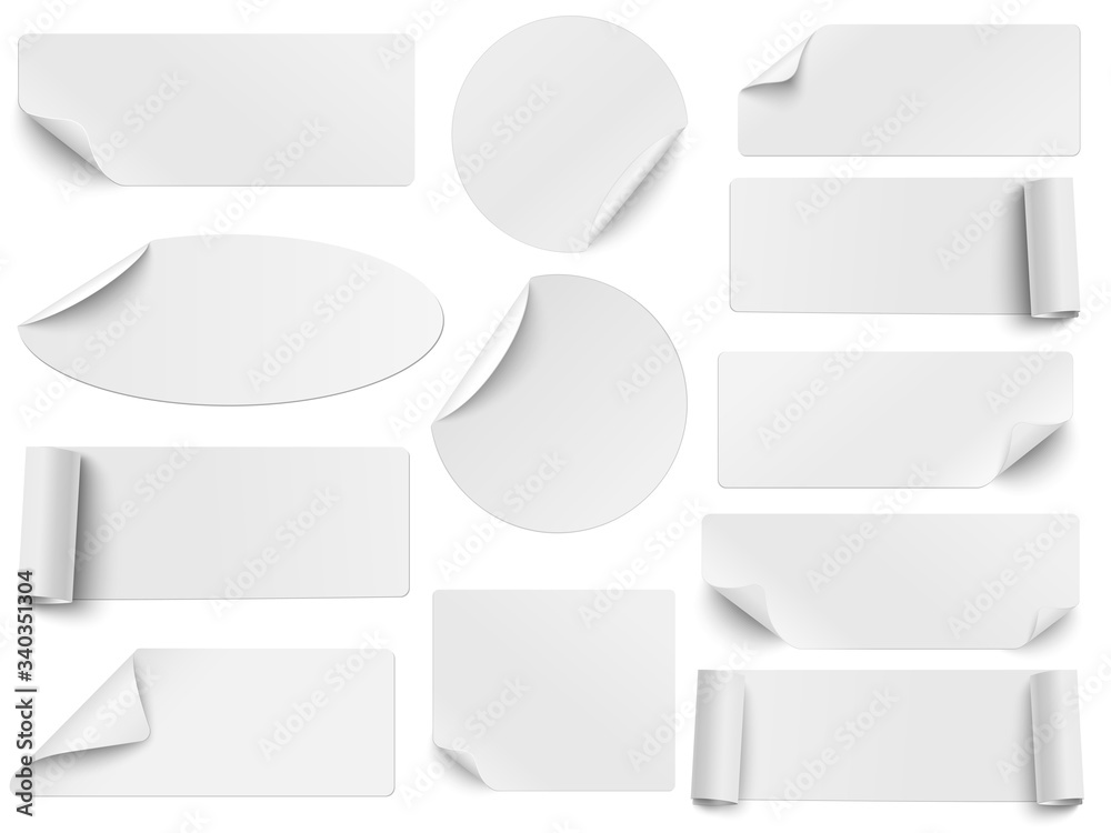 Set of vector white paper stickers of different shapes with curled ...