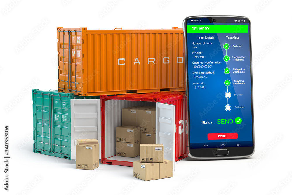 Smartphone with cargo containers isolated on white. Delivery service ...