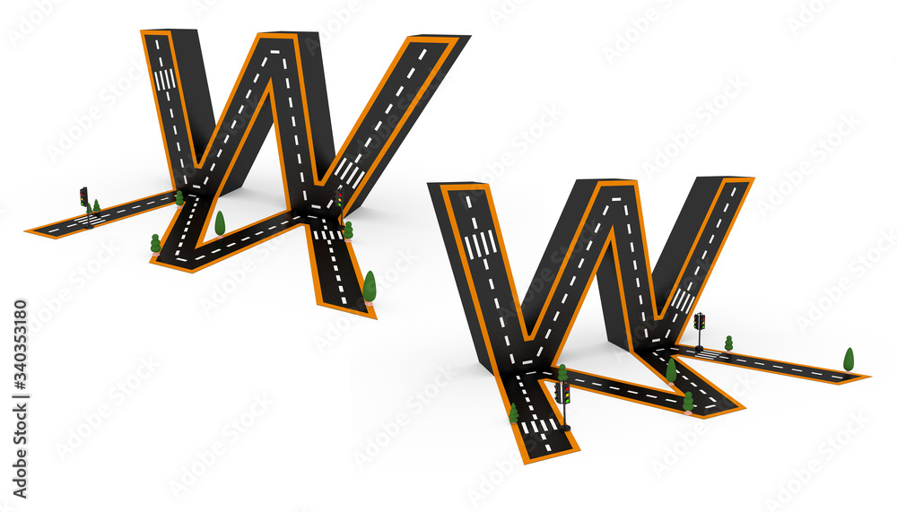 Alphabet symbols of the Figures in the form of a road, white and yellow ...